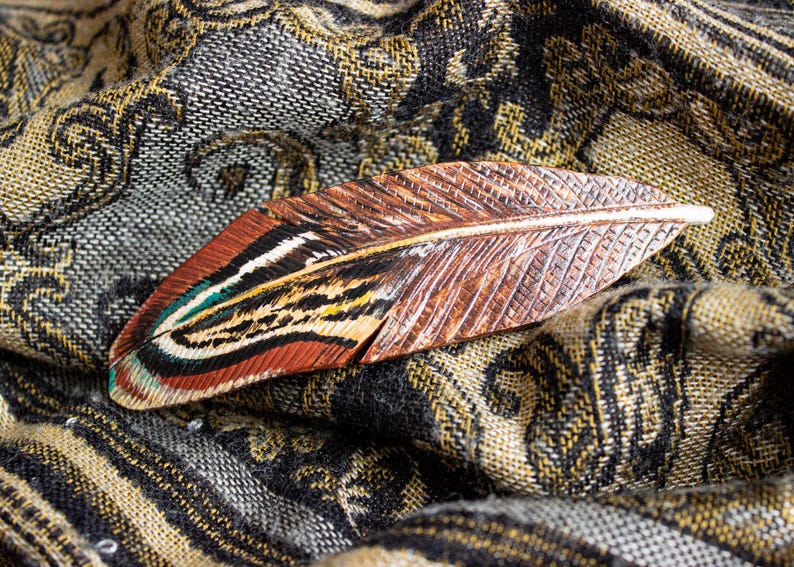 Hand-painted Leather Pheasant Feather Barrette: Long Hair Clip - Etsy