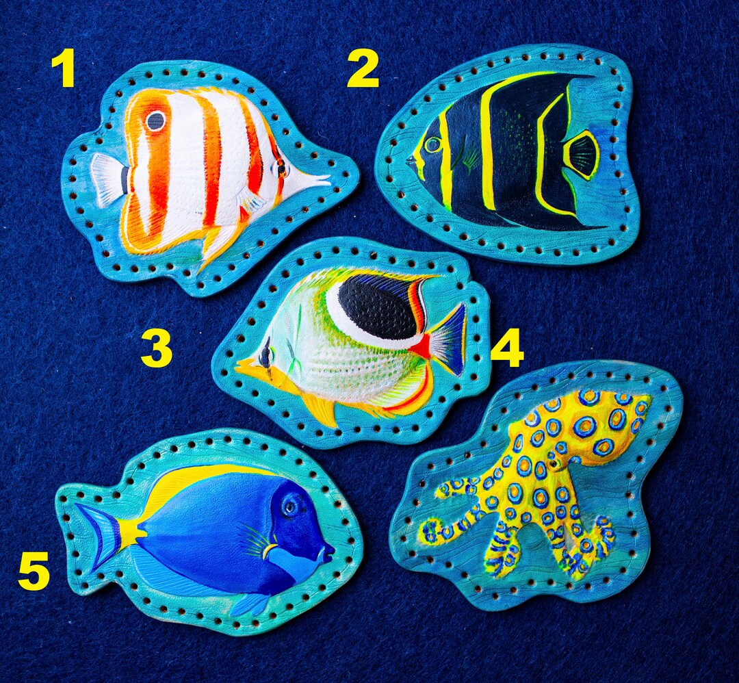Octopus and Coral Fish Patches Hand-tooled & Painted Leather Patch ...