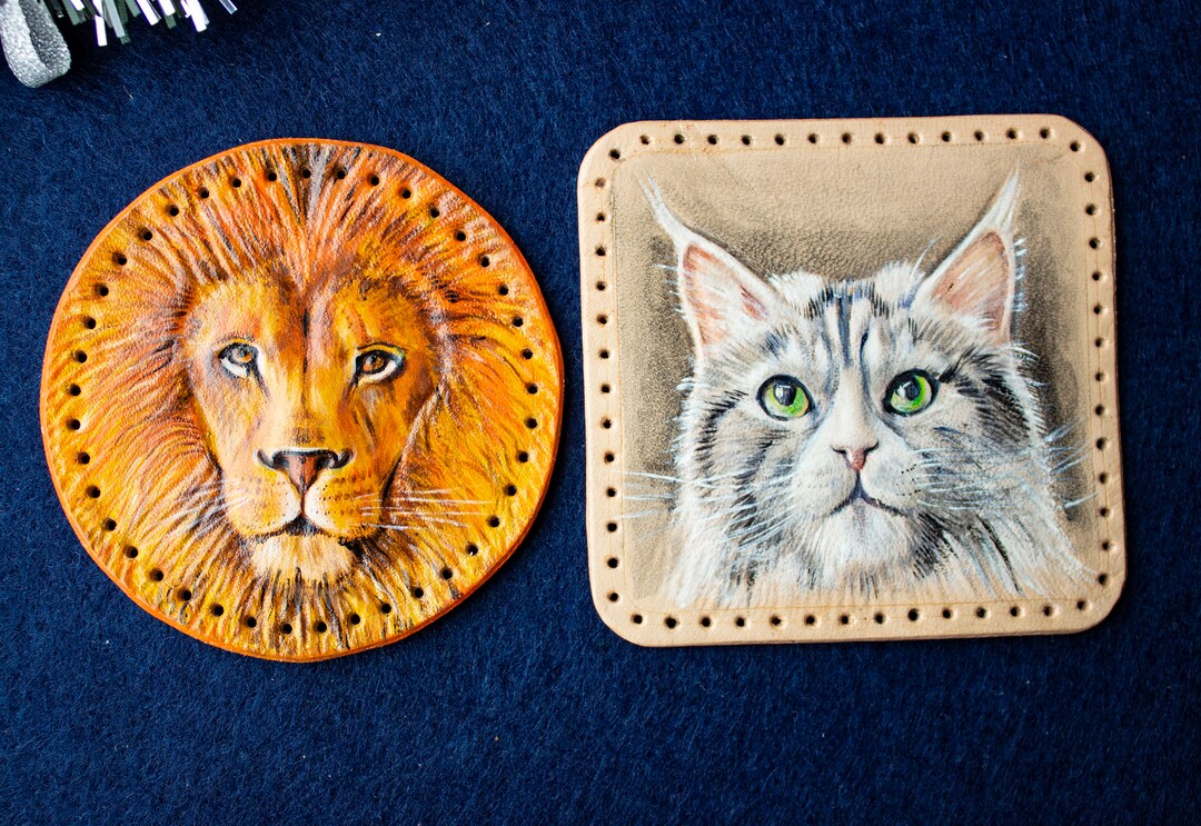 Hand Tooled Leather Animal Patch One of a Kind Cat, Lion Perfect Gift ...