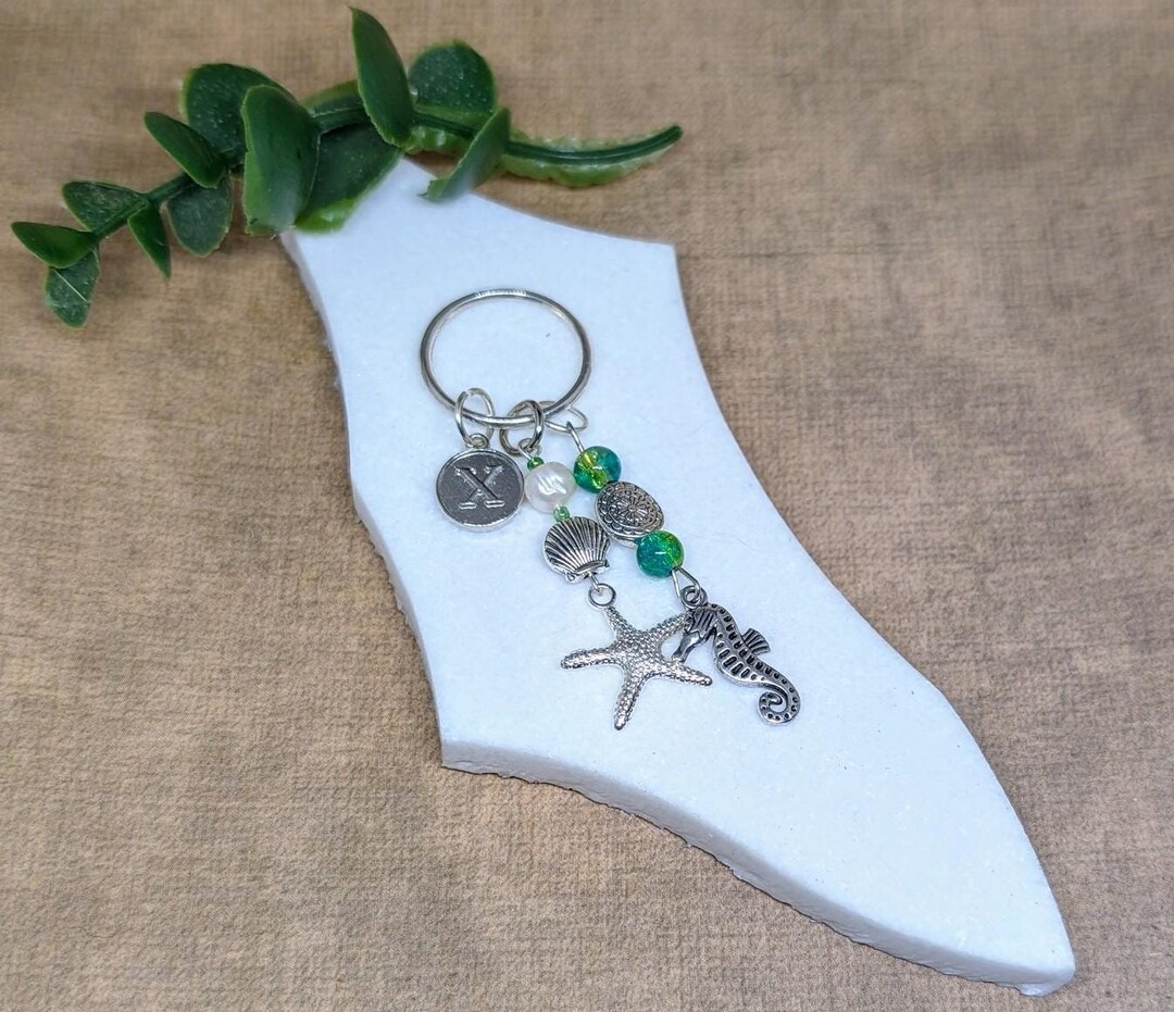 Sea Inspired Keyring With Initial Charm, Personalized Initial Key Ring ...