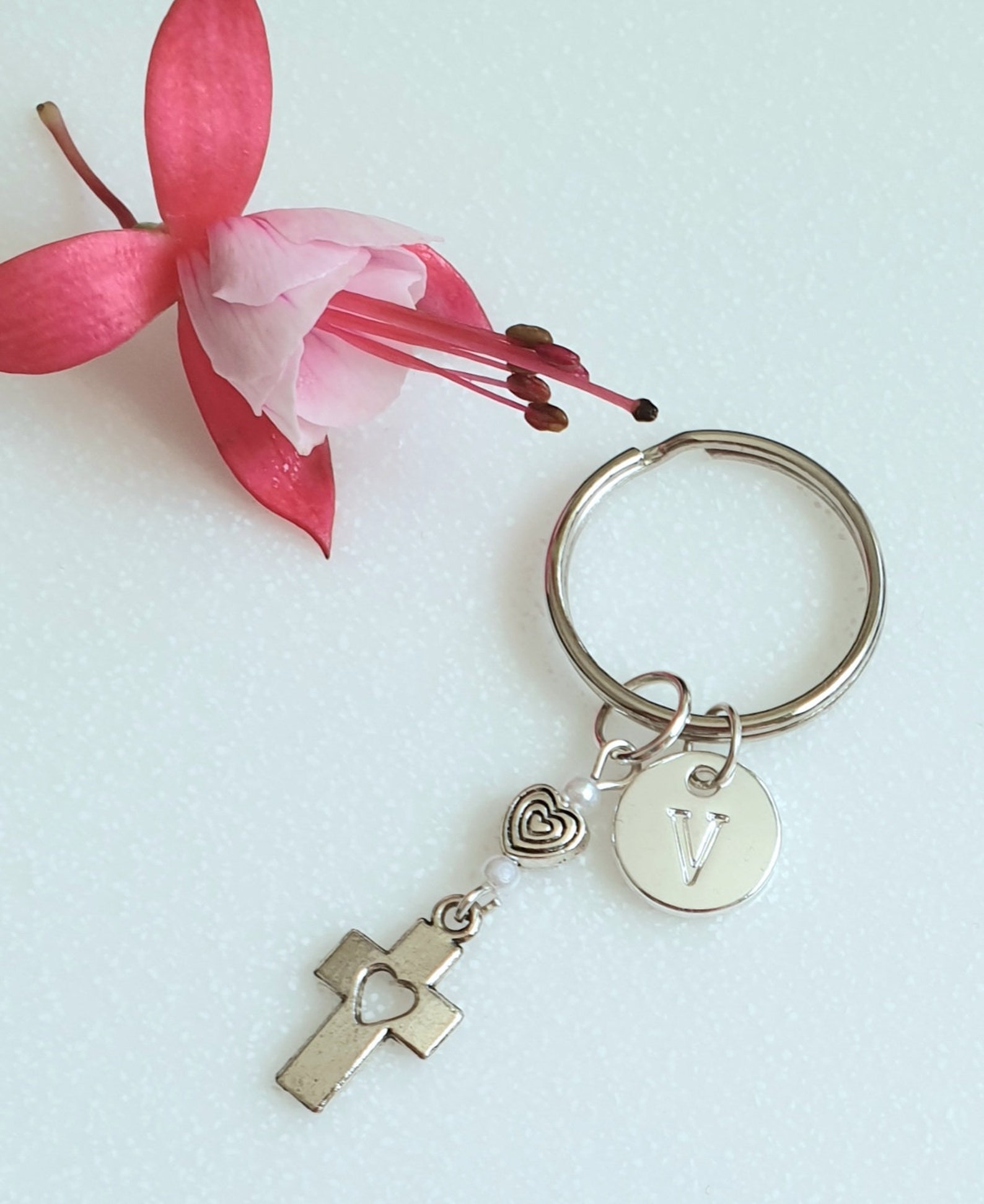 Cross Key Ring Personalized Initial Cross Keyring Christian | Etsy