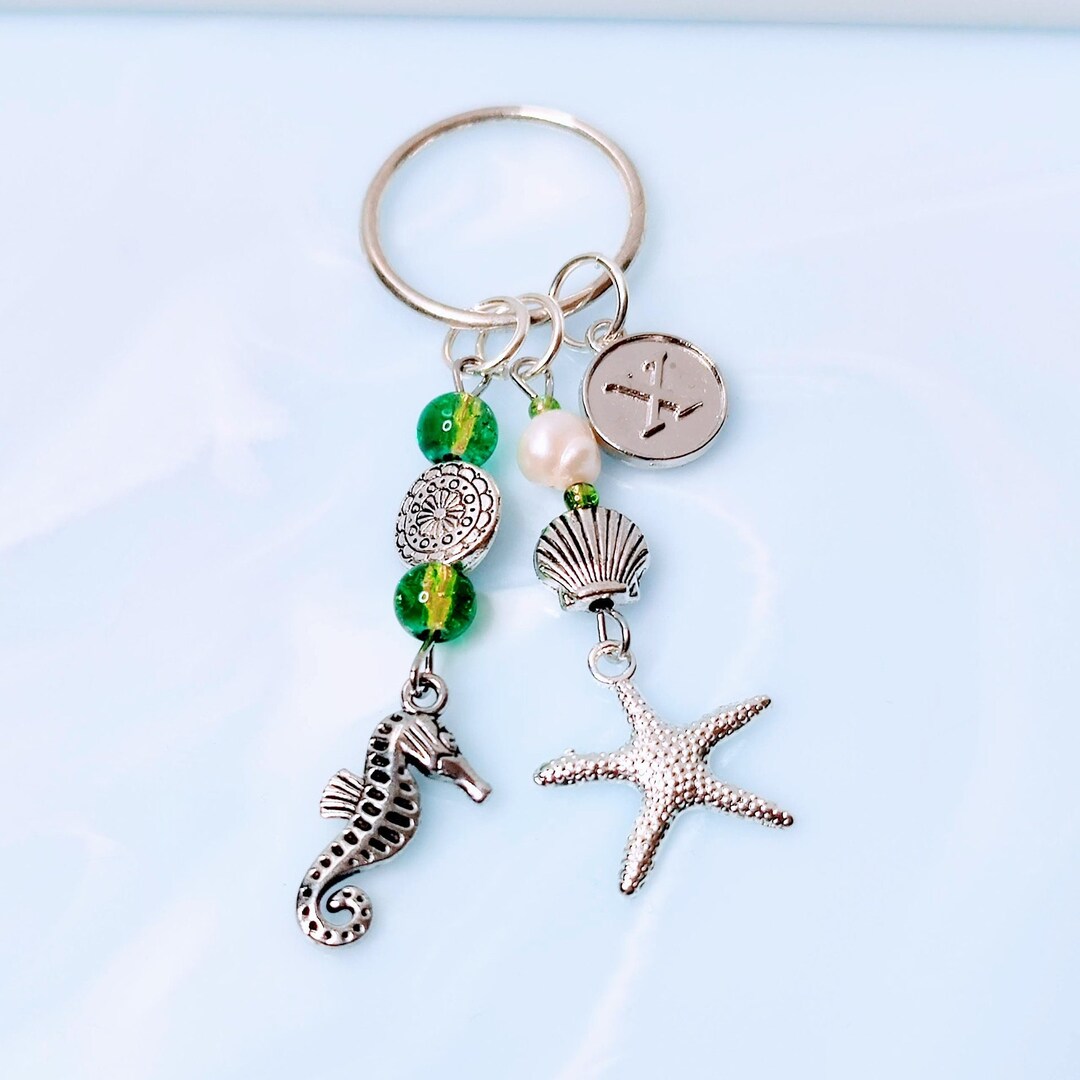 Sea Inspired Keyring With Initial Charm Personalized Initial - Etsy