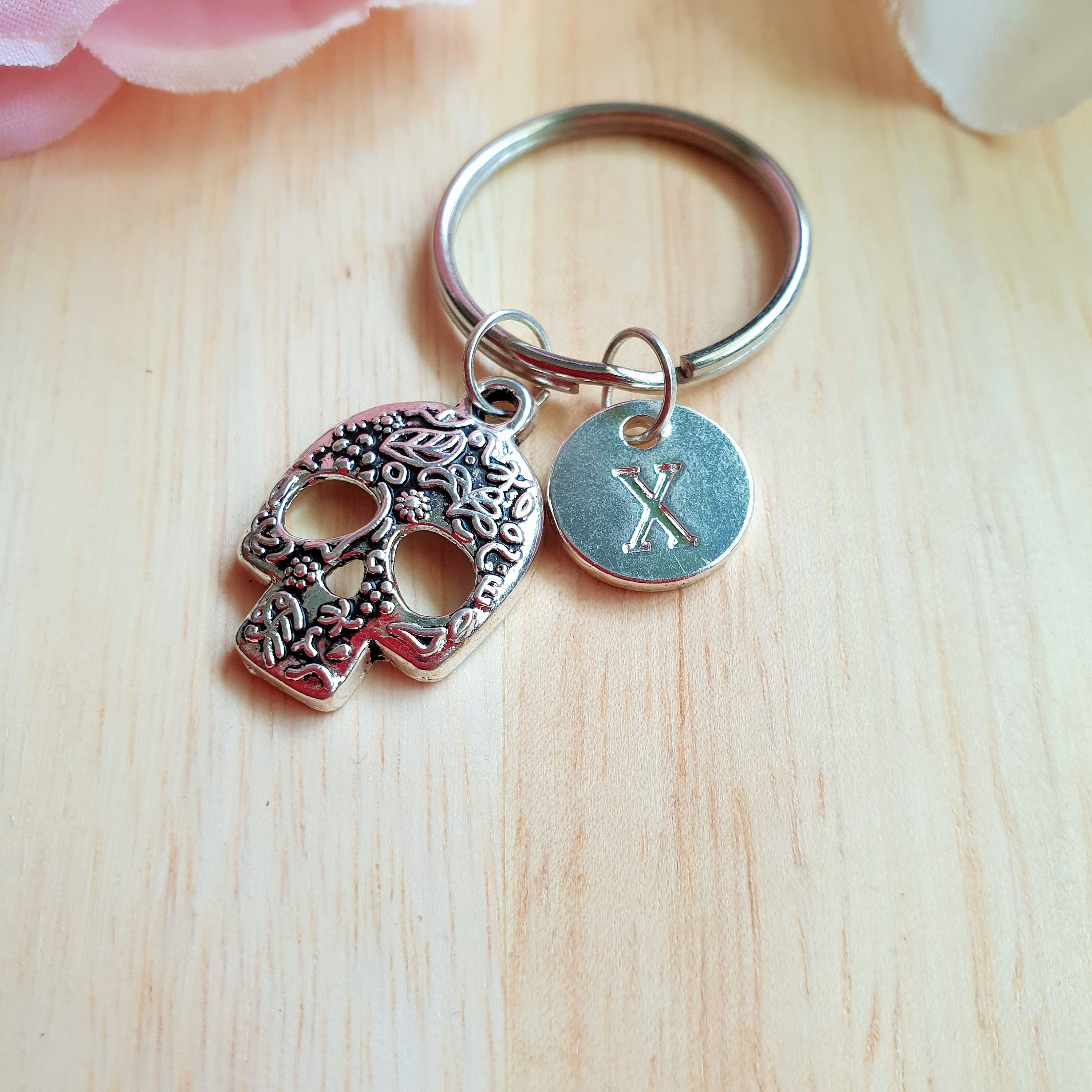 Sugar Skull Initial Key Ring With Initial Charm Personalized - Etsy