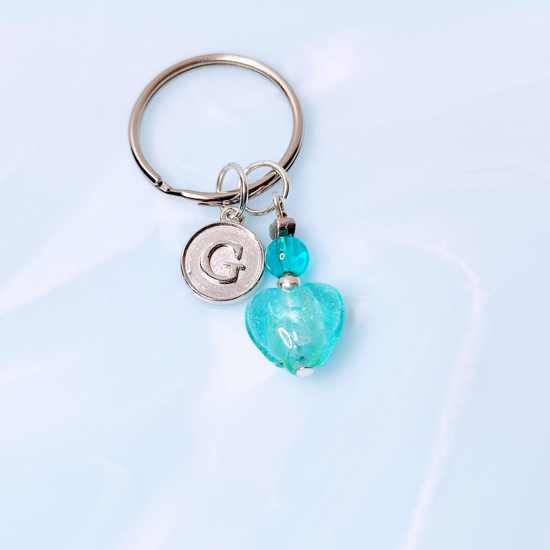Murano Glass Heart Keyring With Initial Charm, Personalized Initial Key ...