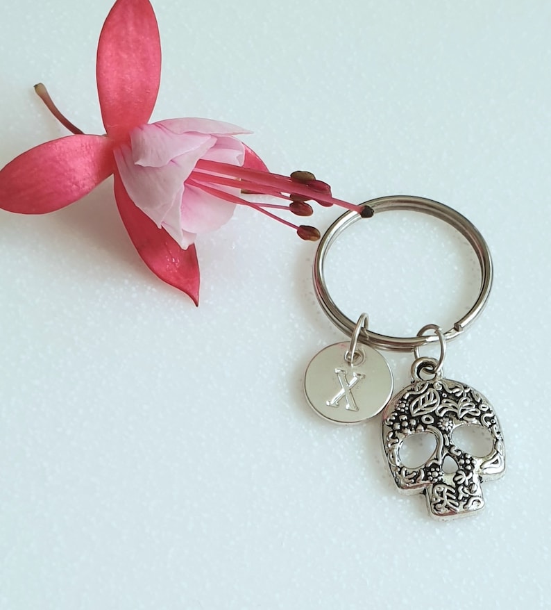 Sugar Skull Initial Key Ring With Initial Charm Personalized - Etsy