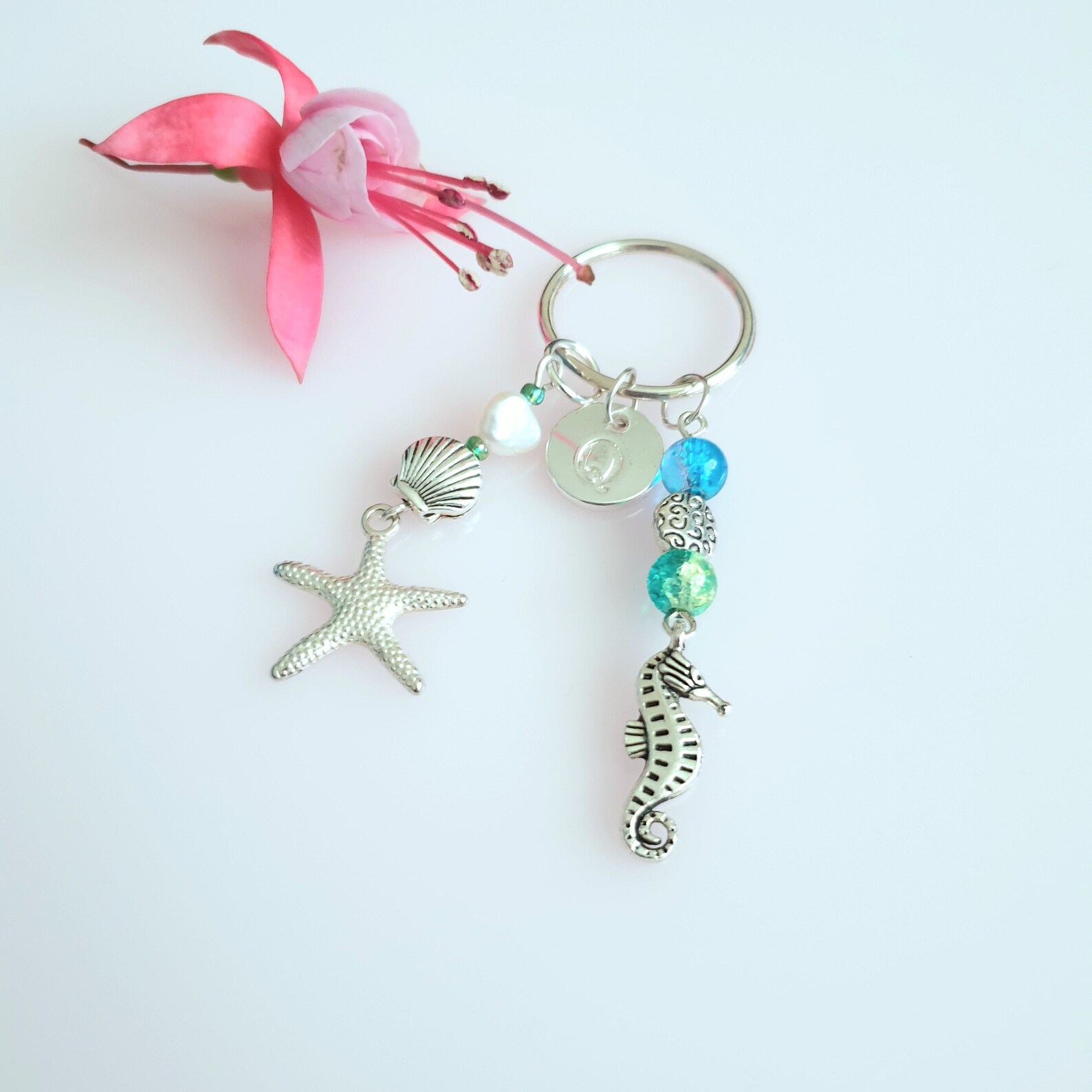 Sea inspired keyring with initial charm personalized initial | Etsy