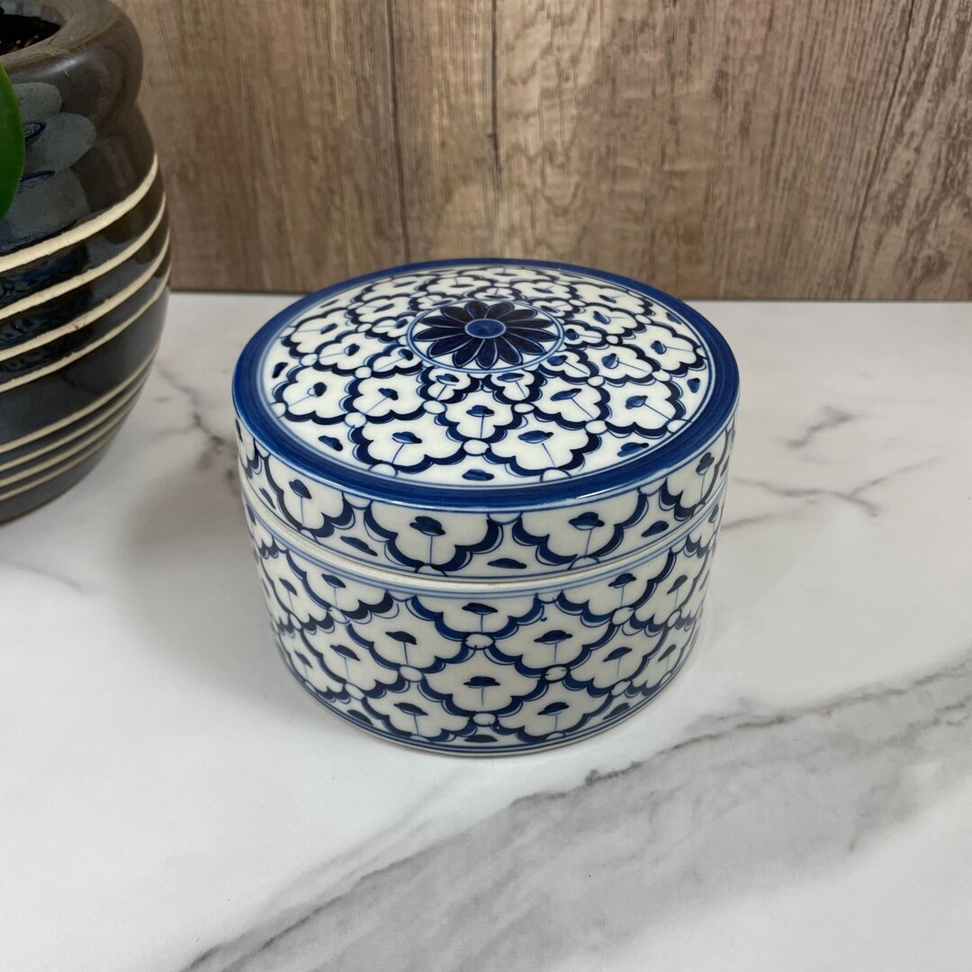 Vintage Asian Thai Blue & White Handpainted Jar W Lid / Cylinder Round ...