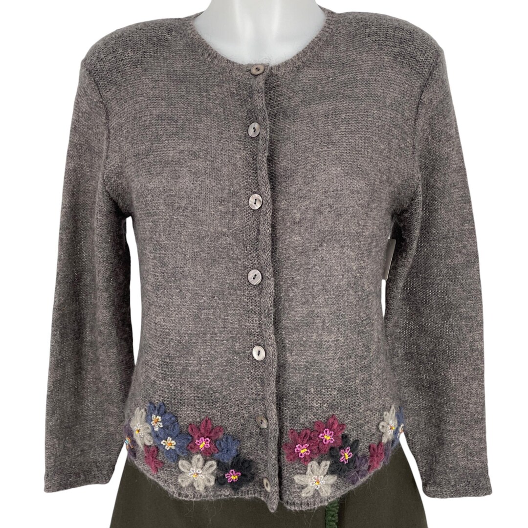 Vintage Embroidered Womens Cardigan Sweater / Grey Soft Womens Sweater ...