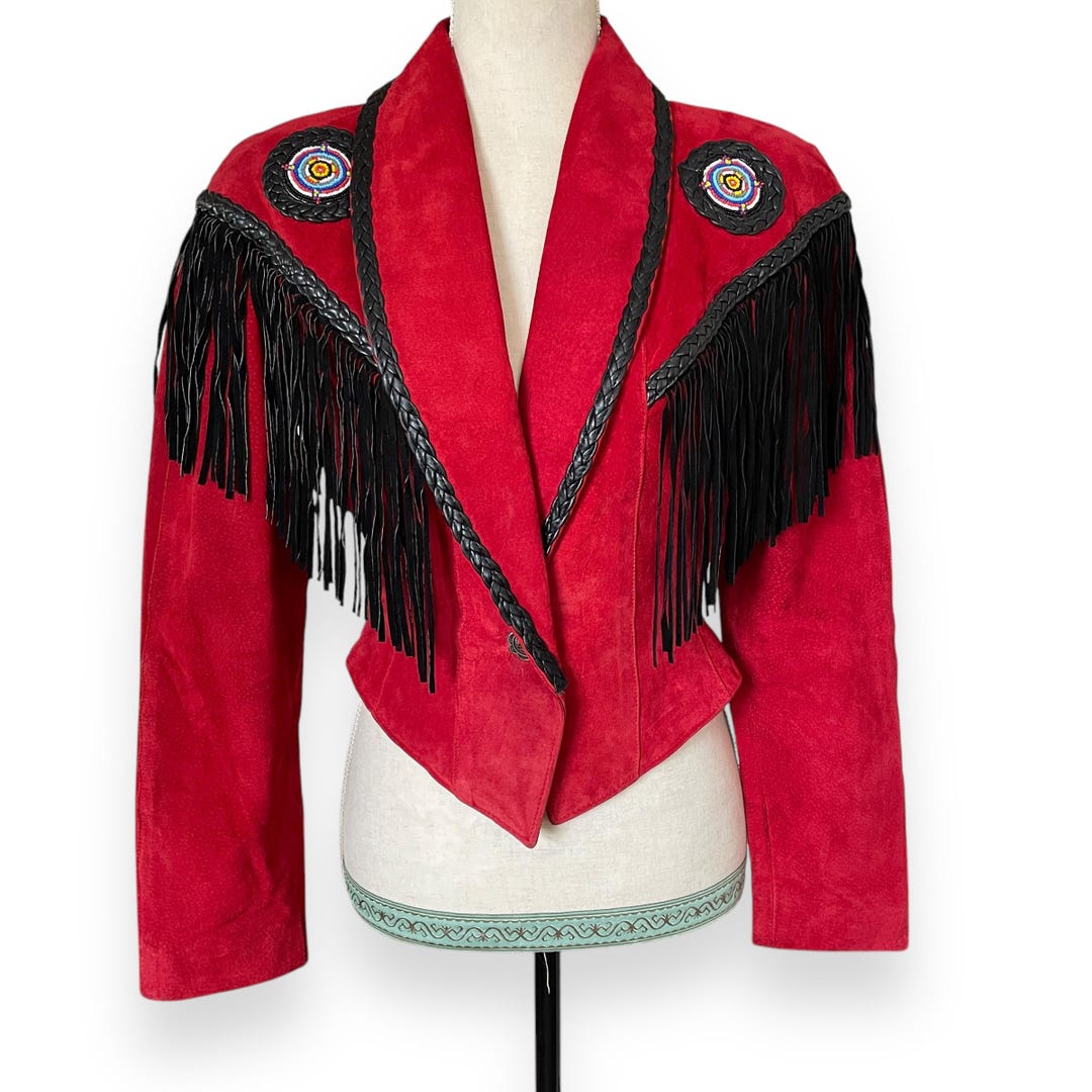 80s Red Suede Fringe Jacket Frontier Collection – Beaded Yoke Black ...