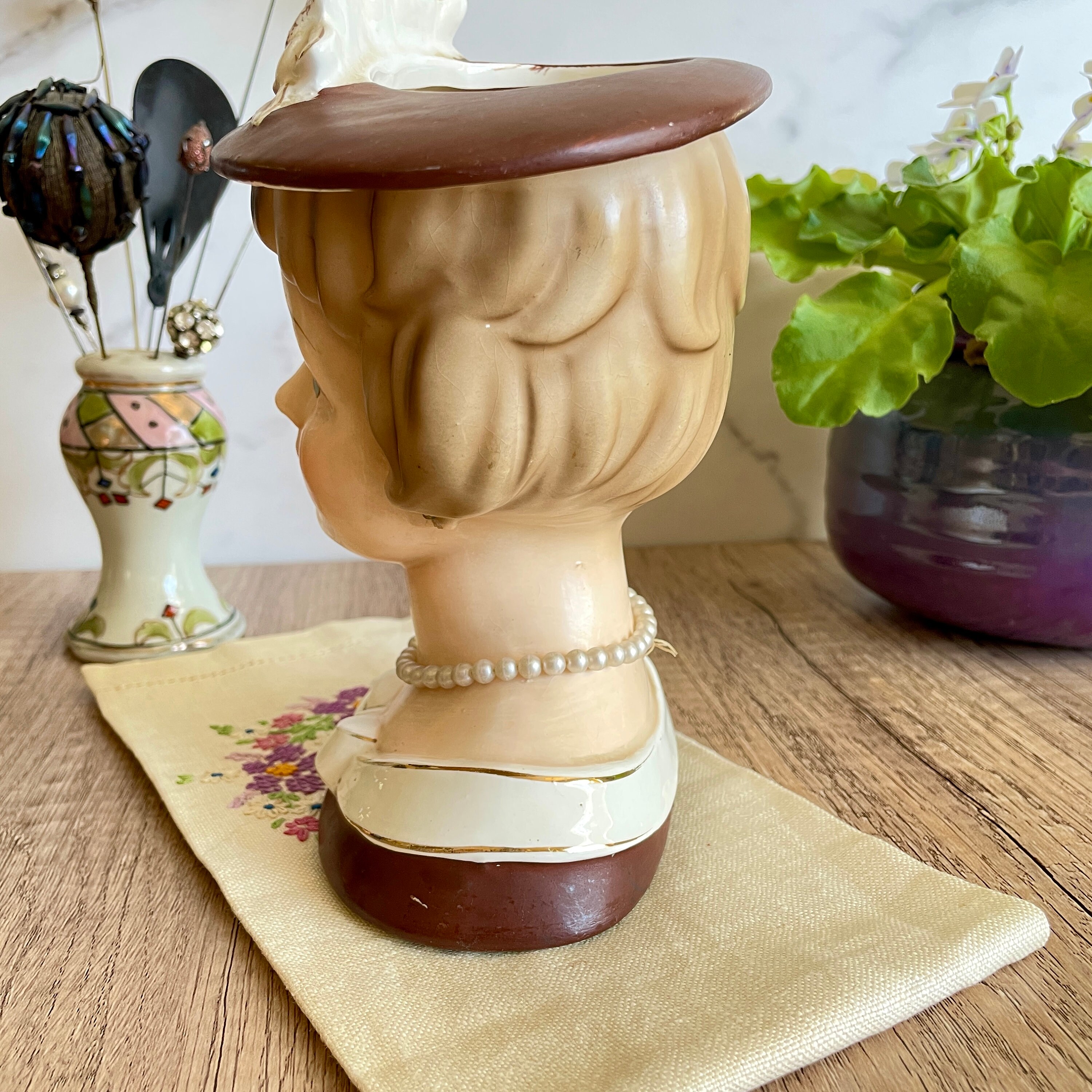 Vintage 1960’s Relpo K1053C Head Vase Planter 7.5" / Brown Floral Hat ...