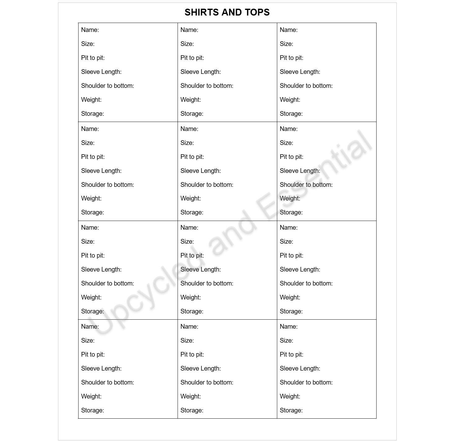 Reseller Listing Sheets - Shirts and Tops - Batch Listing Tool - Size ...