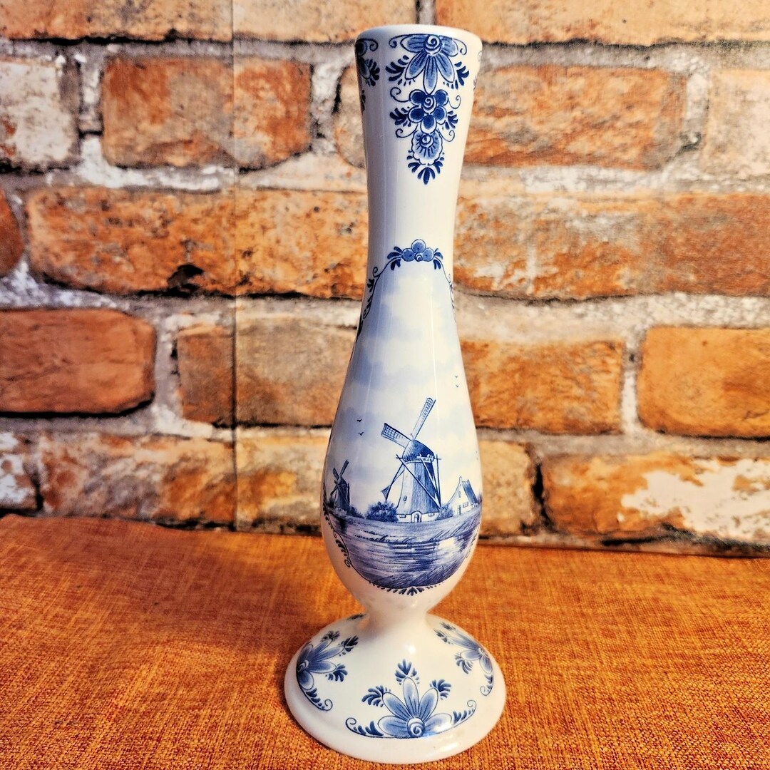 Vintage Delft Holland Blauw & White Hand Painted Windmill 10" Bud Vases ...
