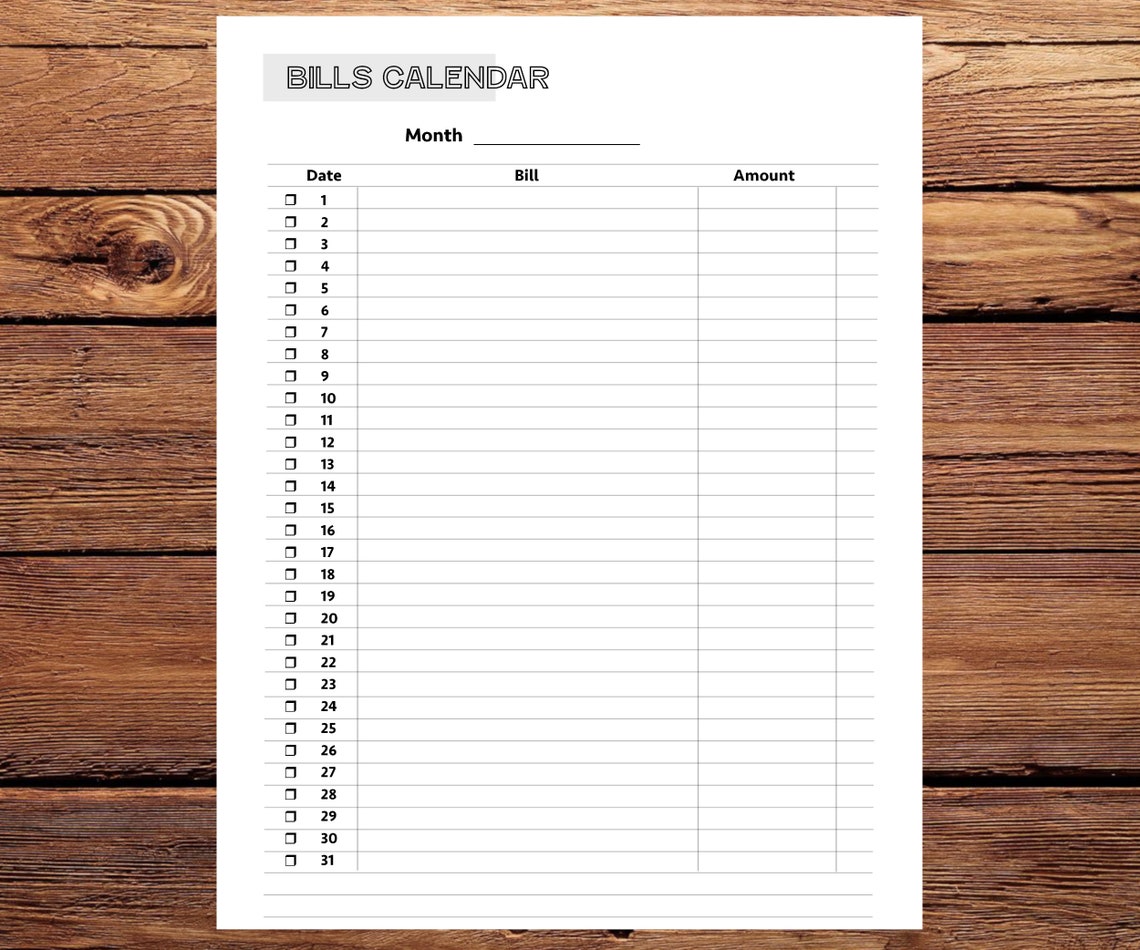 Bills Calendar - Printable Bills Schedule - Scheduler for Bills ...