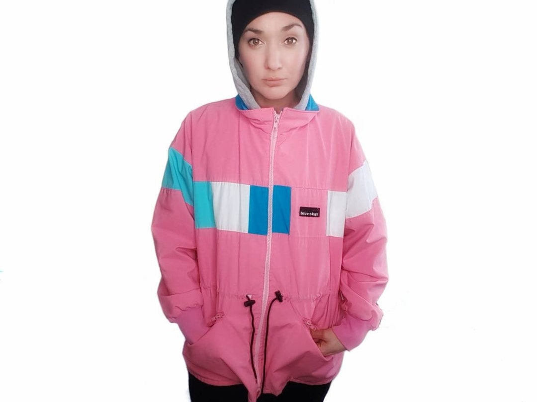 80s 90s Colorblock Jacket in Pink, Blue & White | Vintage Zip up ...