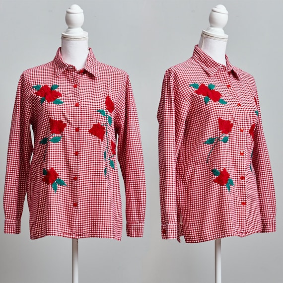 1970 Red Western Blouse-Shirt/Polyester/Cowboy/Square… - Gem