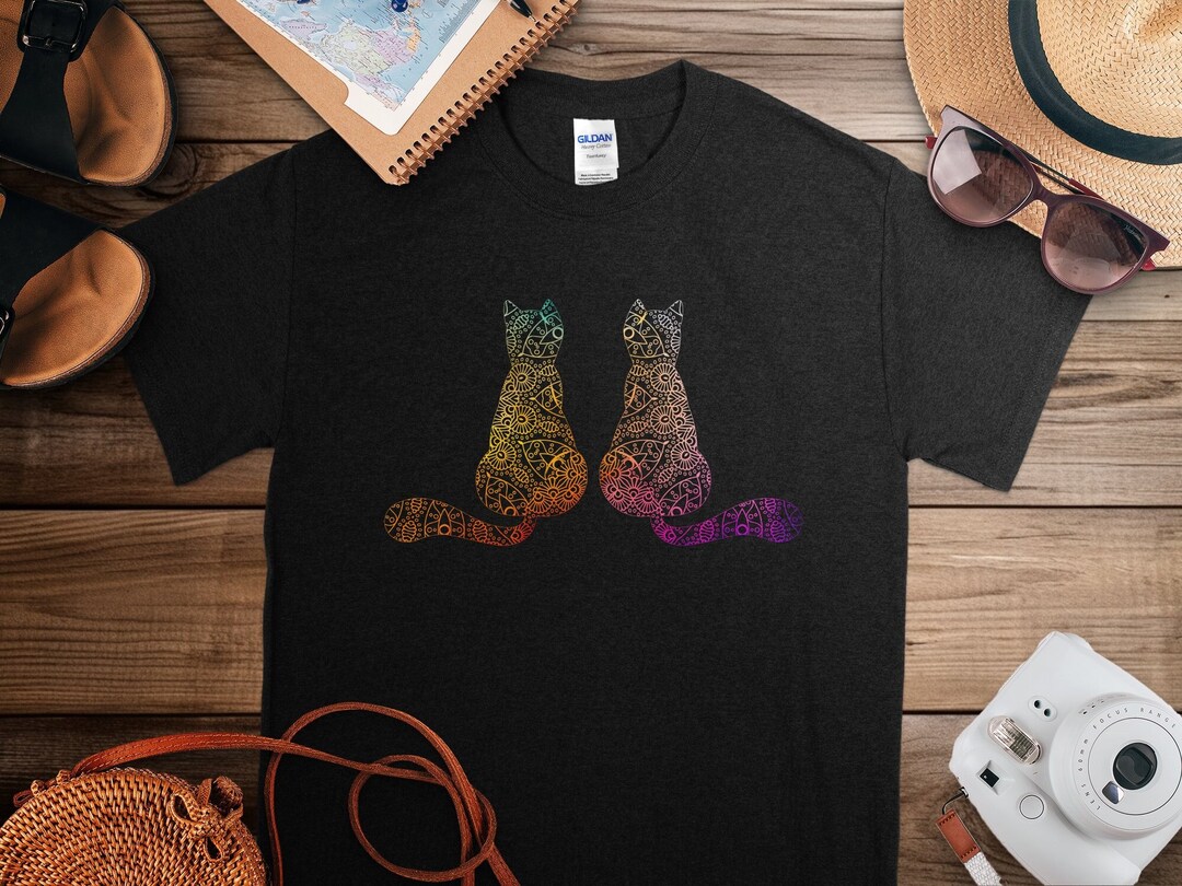 Colorful Cat Print T-shirt, Boho Cat Design Tee, Mandala Cat Pattern ...