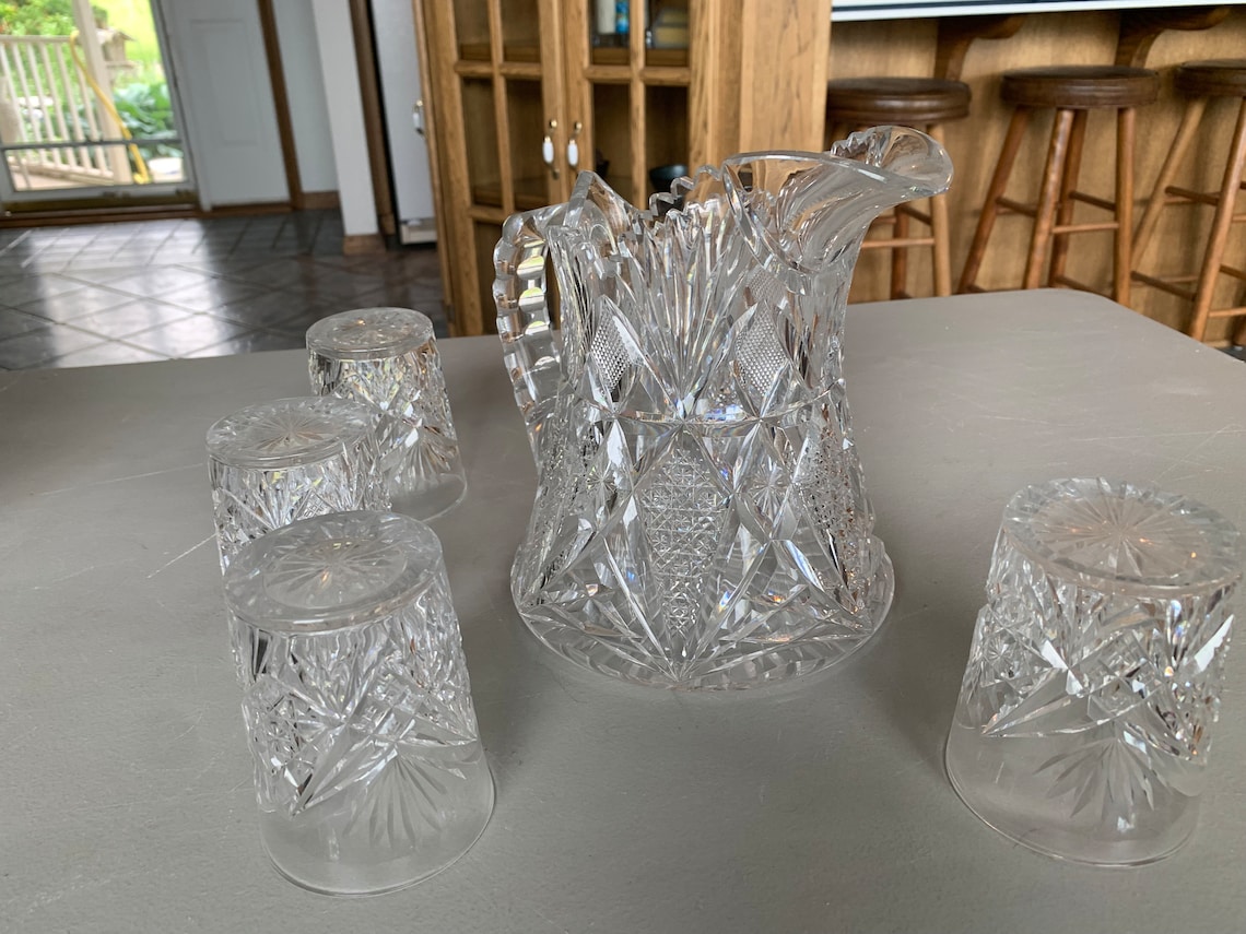 Vintage Antique Cut Glass Crystal Glass Pitcher + 4 Matching Cut Glass ...