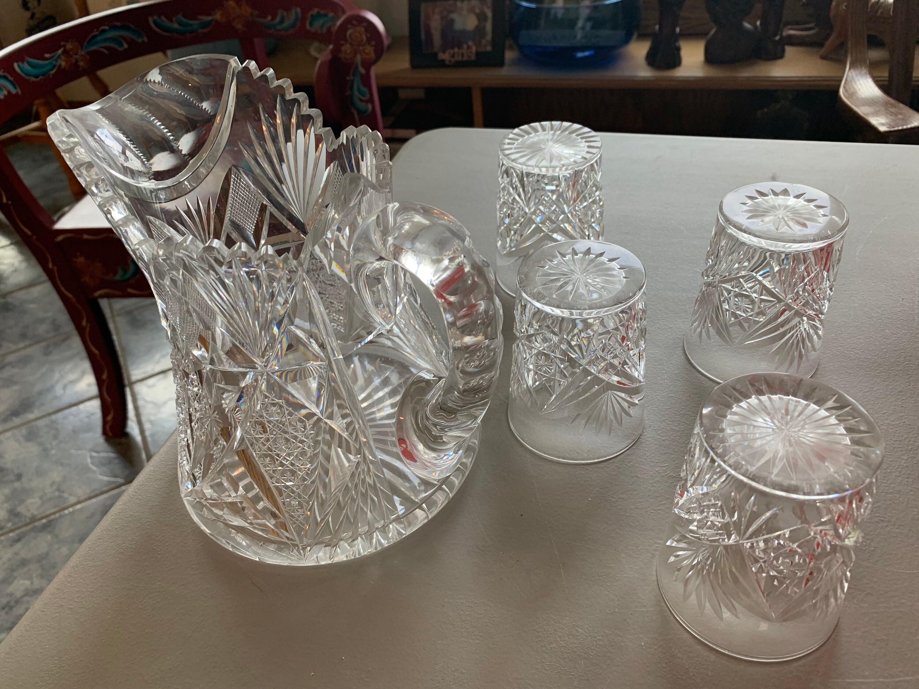 Vintage Antique Cut Glass Crystal Glass Pitcher + 4 Matching Cut Glass ...