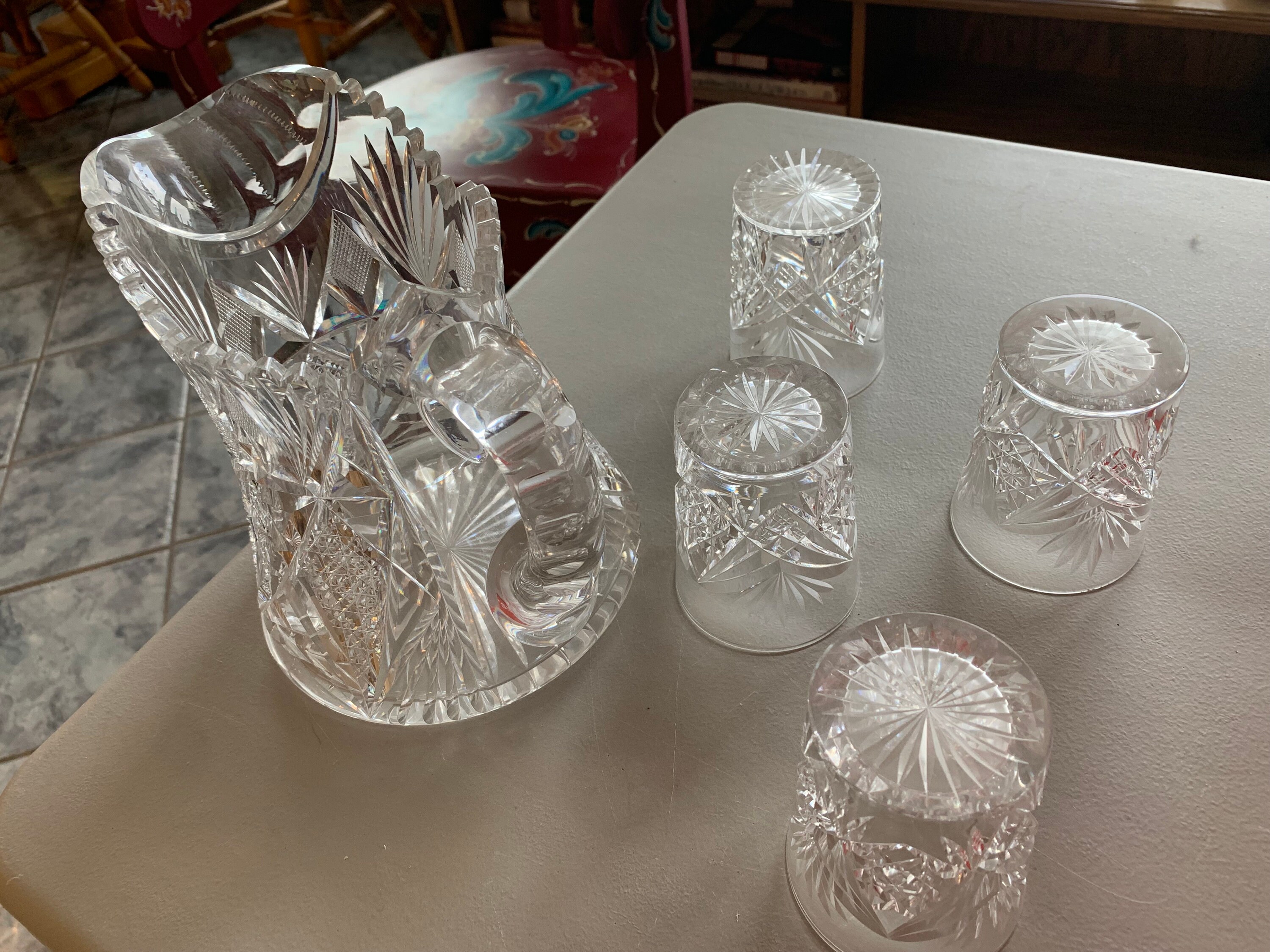 Vintage Antique Cut Glass Crystal Glass Pitcher + 4 Matching Cut Glass ...