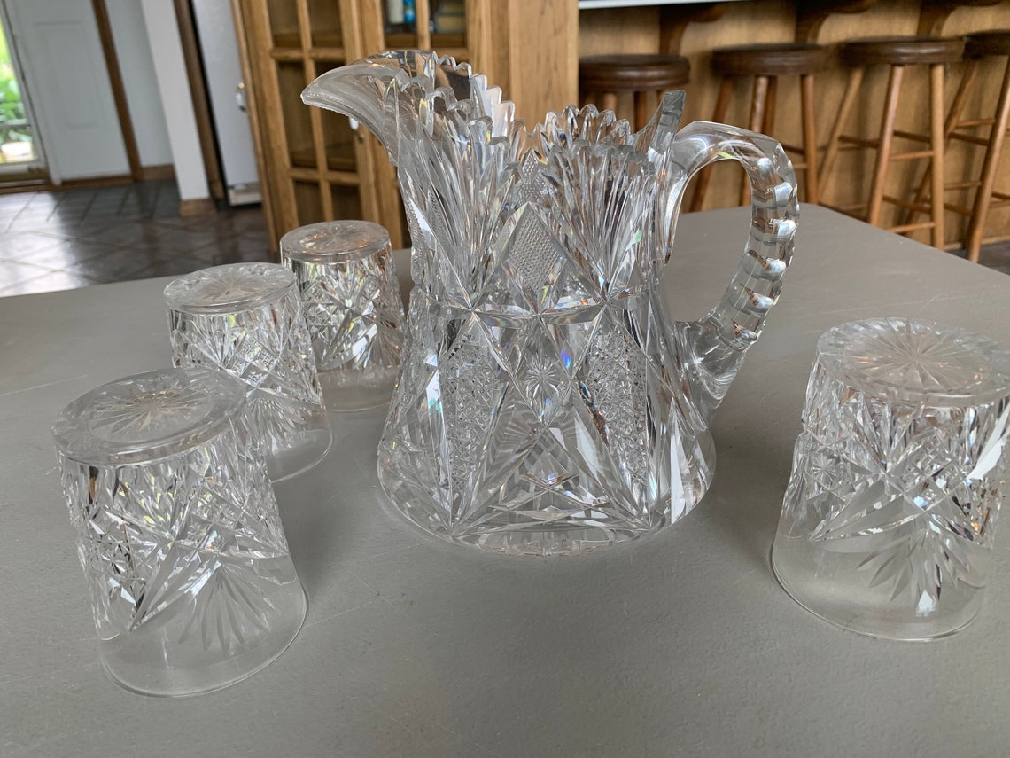 Vintage Antique Cut Glass Crystal Glass Pitcher + 4 Matching Cut Glass ...