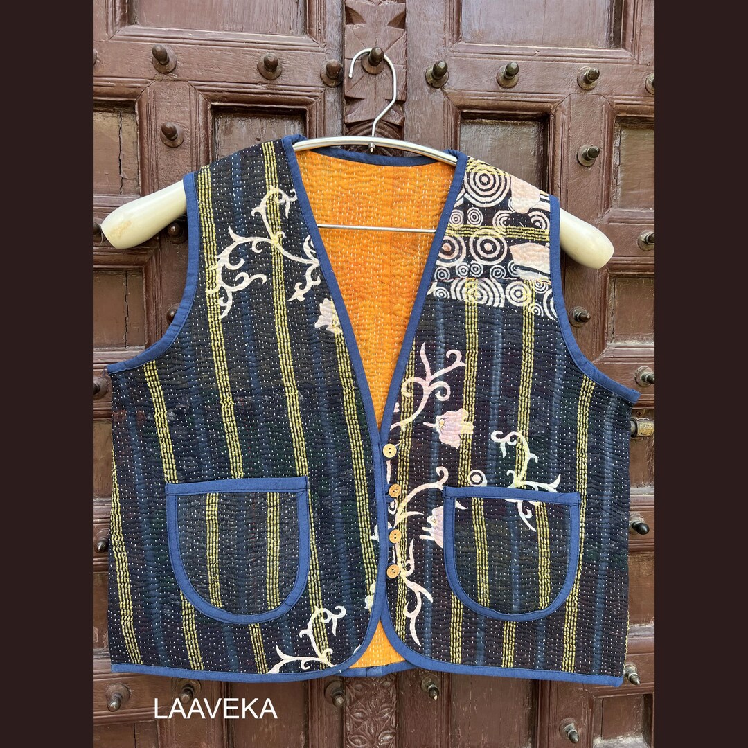 Handmade Kantha Embroidered Jacket – Boho Waistcoat, Vintage Ethnic ...