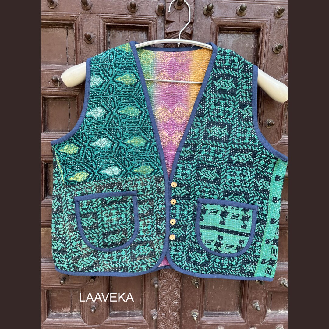 Handmade Kantha Embroidered Jacket – Boho Waistcoat, Vintage Ethnic ...