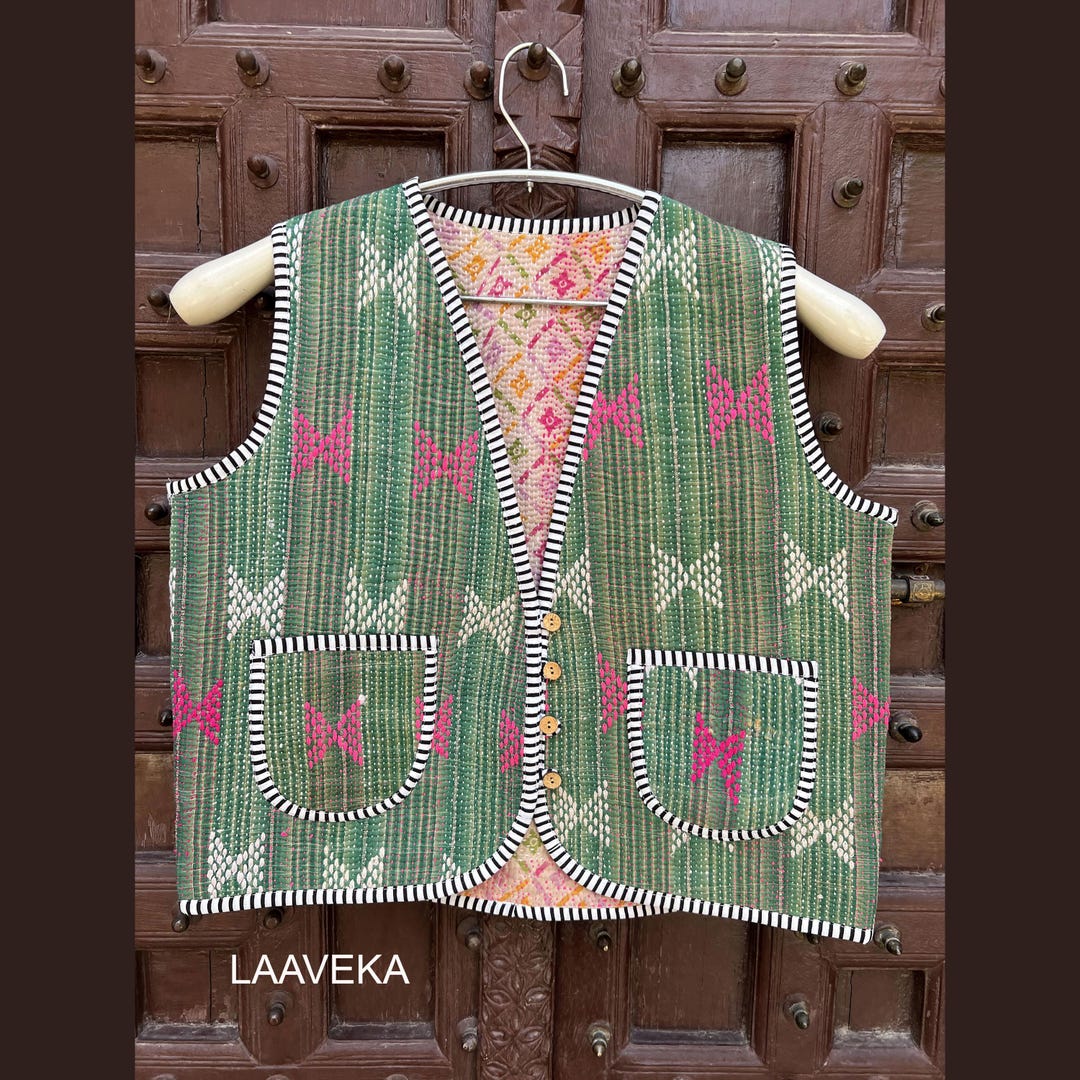 Handmade Kantha Embroidered Jacket – Boho Waistcoat, Vintage Ethnic ...