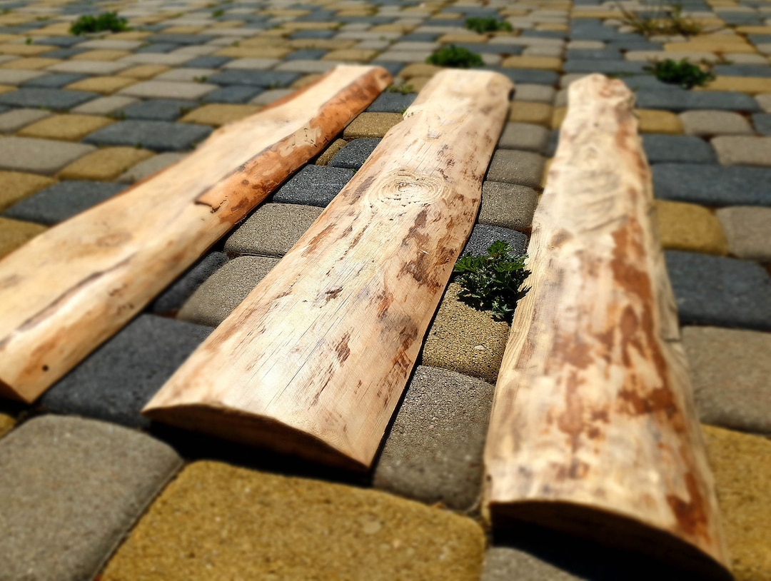 Set of 3 Rustic Wooden Planks, Reclaimed Wood, Raw Wood With Bark ...
