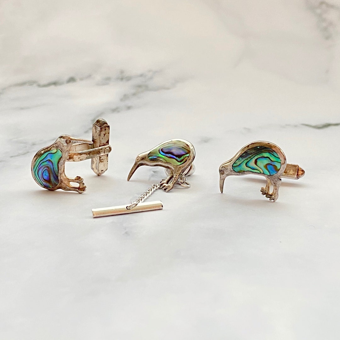 ATAAHUA Bee Vintage Kiwi Bird and Paua Shell Cufflinks and Tie Clip Set ...