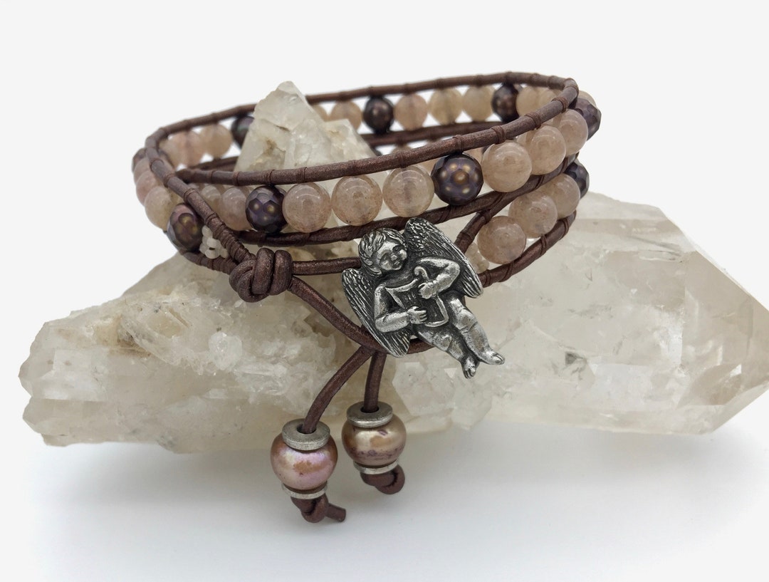 Brown Muscovite and Rare Faceted Freshwater Pearl Gemstone Double Wrap ...