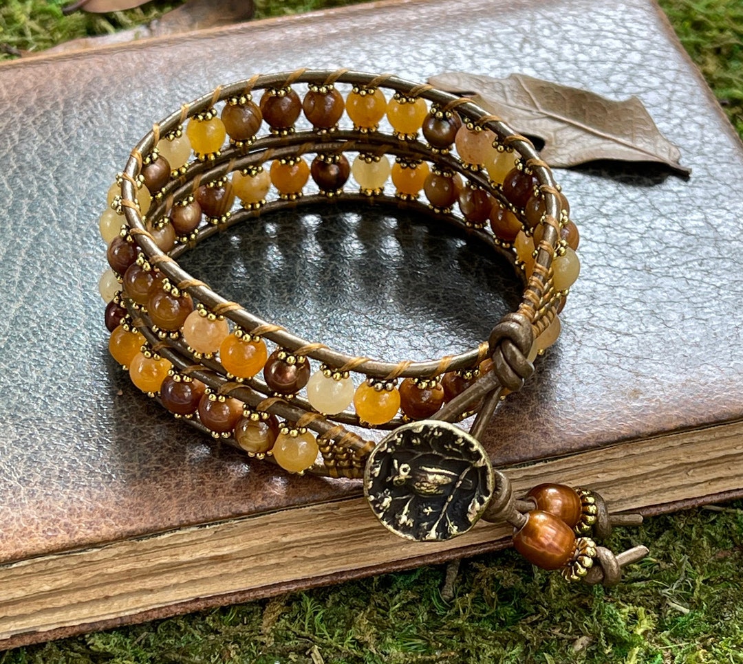 Yellow Quartzite, Shell and Freshwater Pearl Gemstone Double Wrap ...