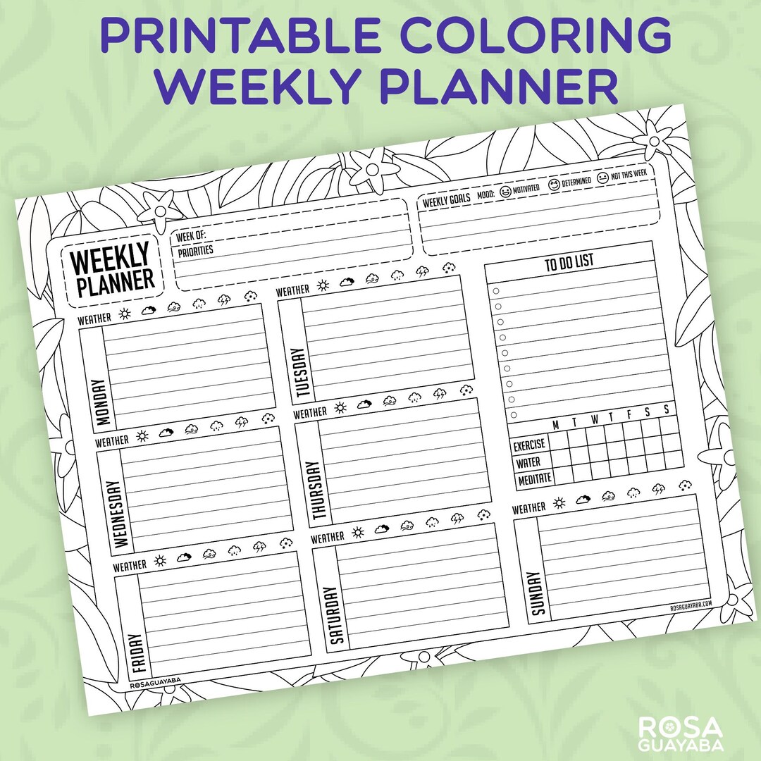 Coloring Weekly Planner Printable: Mood & Weather Tracker (digital ...