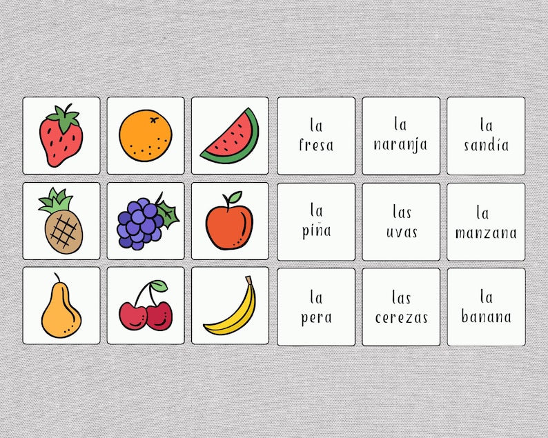 Spanish Fruits Matching Game Printable Spanish Memory Game | Etsy