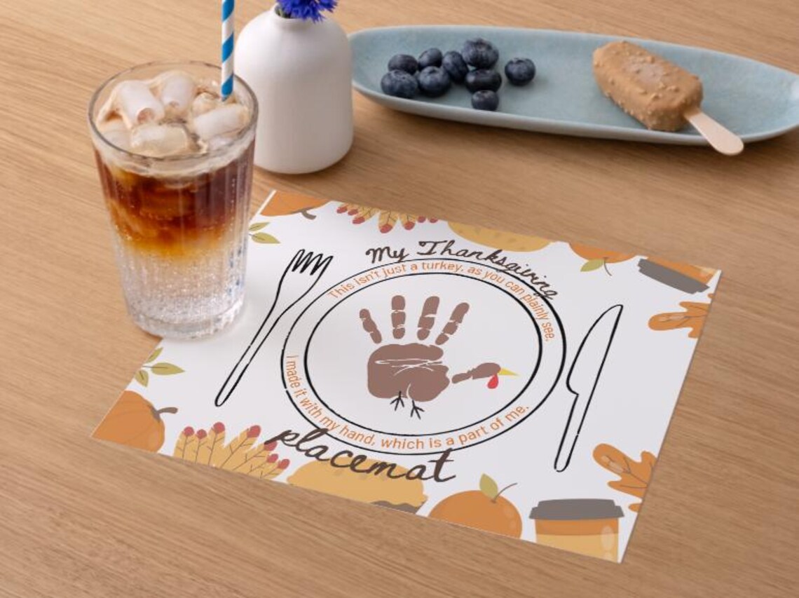 Thanksgiving Placemat, Handprint Turkey Craft for Kids, Digital ...