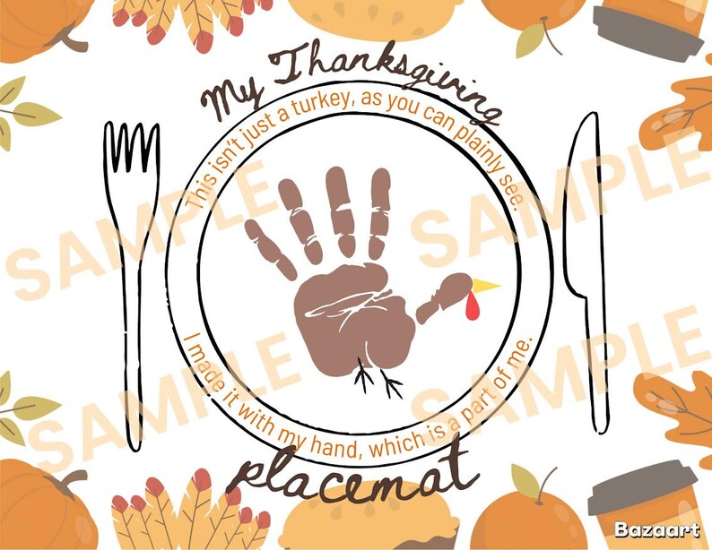 Thanksgiving Placemat, Handprint Turkey Craft for Kids, Digital ...