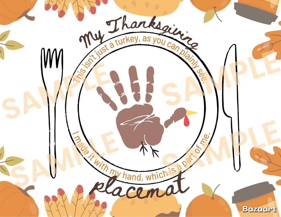Thanksgiving Placemat, Handprint Turkey Craft for Kids, Digital ...
