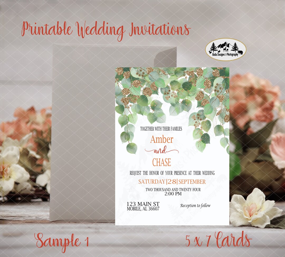 Printable Greenery Autumn Wedding Invitations, Print Ready, Bridal ...