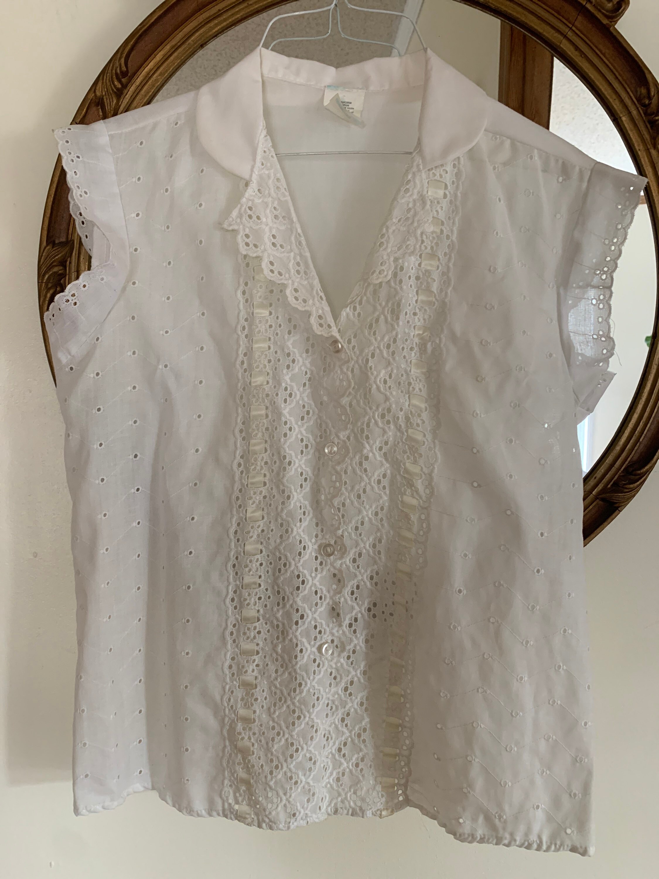 Vintage Blouse White Button Down Blouse Lace Easter Etsy