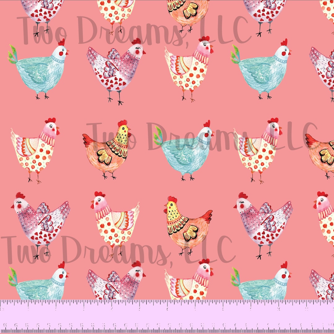 Chicken Jersey Knit Fabric on Peach Coral Chickens Colorful Chicken ...