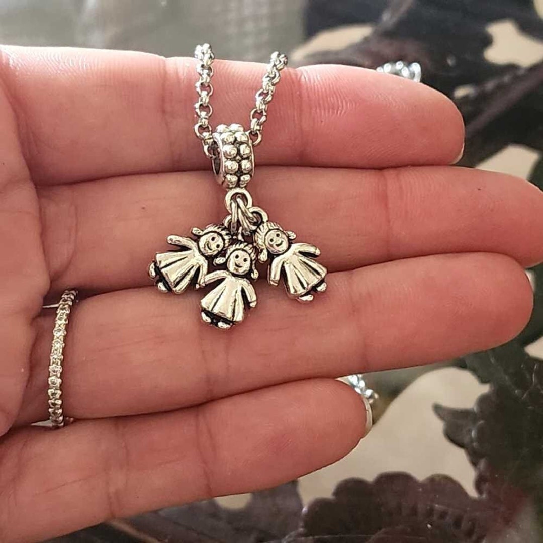 Three 3 Little Girls Triplet Charm Bracelet Necklace, With 3 Girls ...