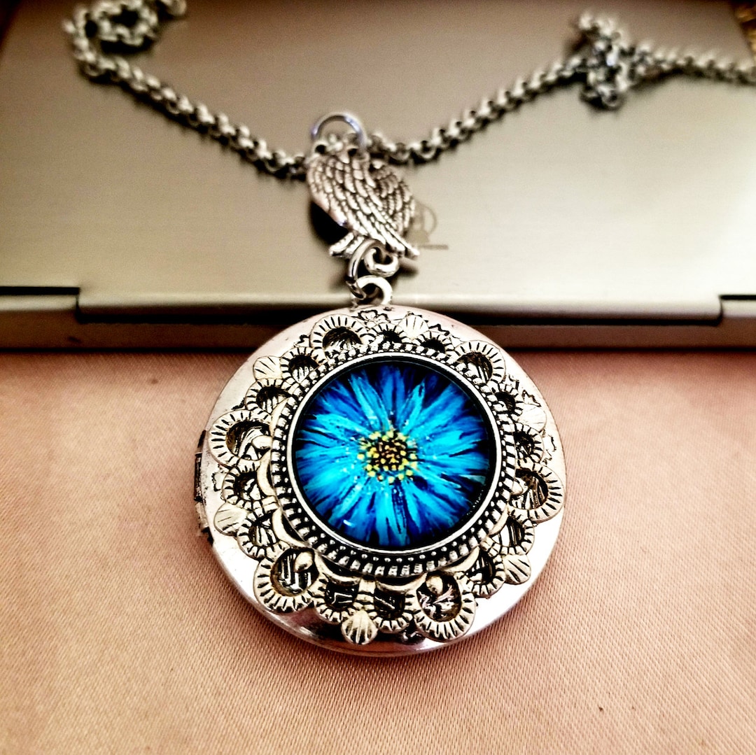 Blue Forget Me Not Flower Angel Wing Photo Locket Pendant Necklace ...