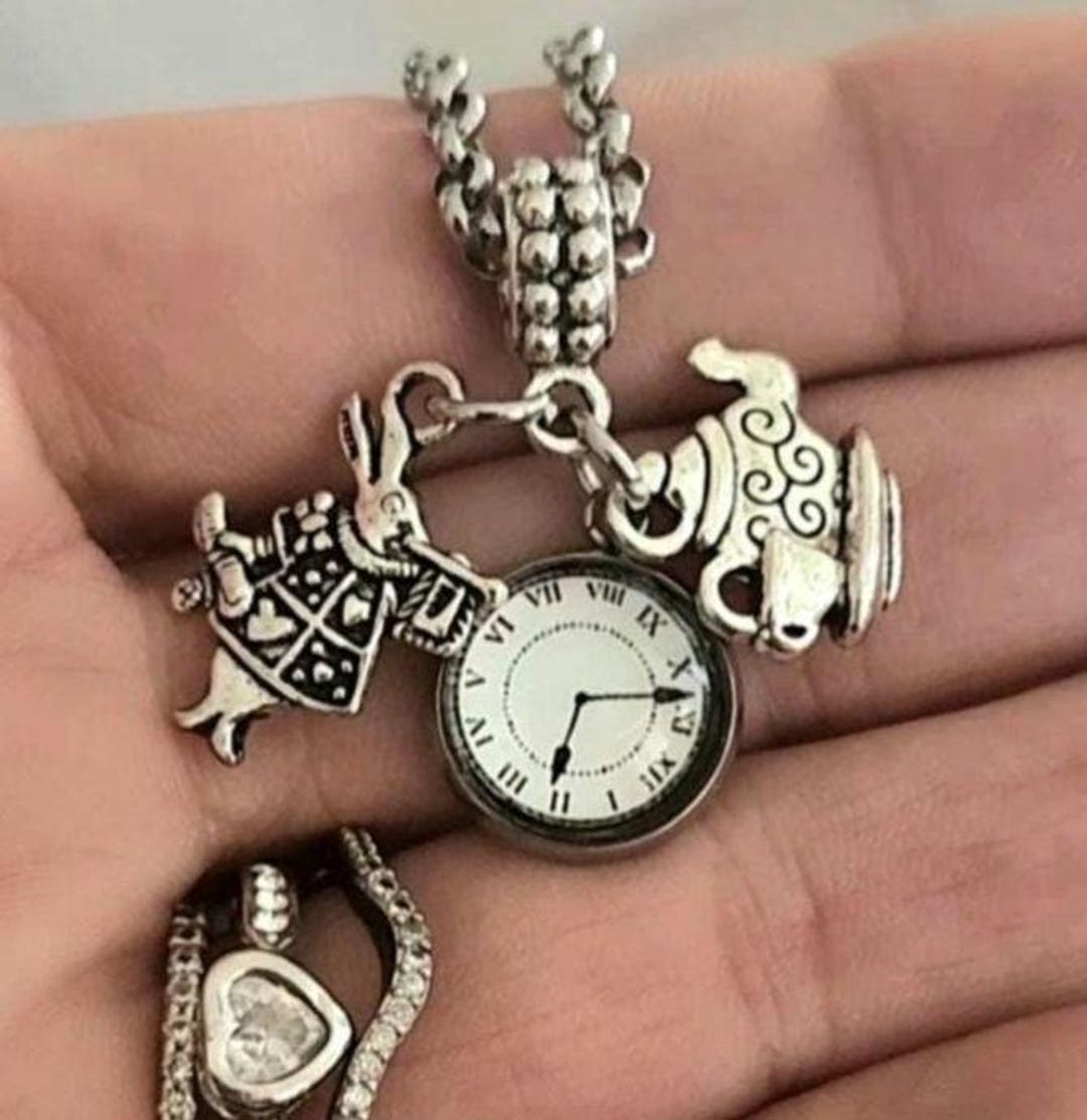 White Rabbit Clock Tea Time Charm Bracelet Necklace Purse Key Chain ...