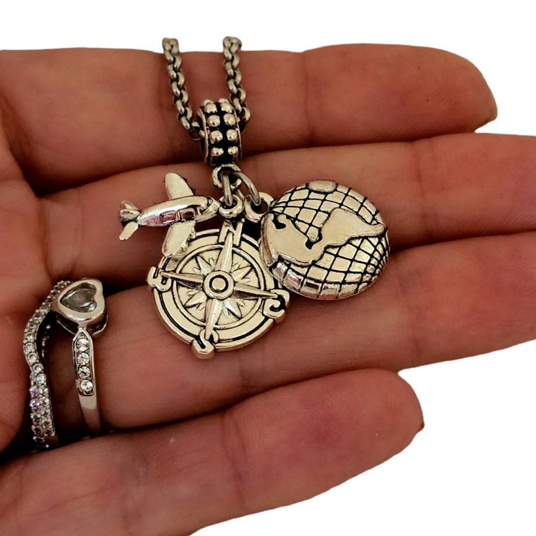 Compass Airplane World Map Charm Bracelet Necklace Keychain - Etsy