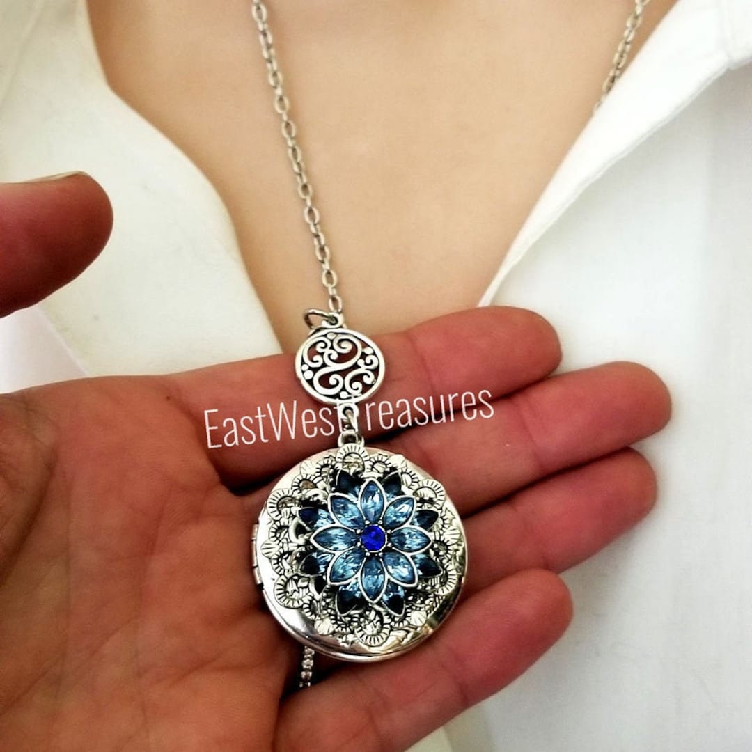 Sapphire Blue Locket Necklace, Sapphire Photo Locket Necklace, Blue ...