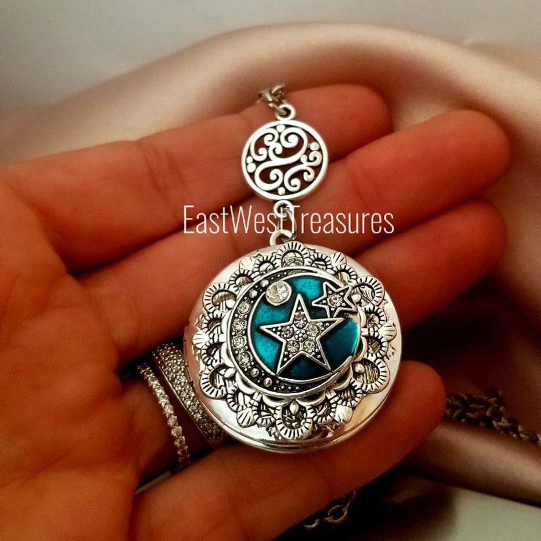 Silver Moon Star Locket Charm Necklace, Stardust Locket Necklace ...