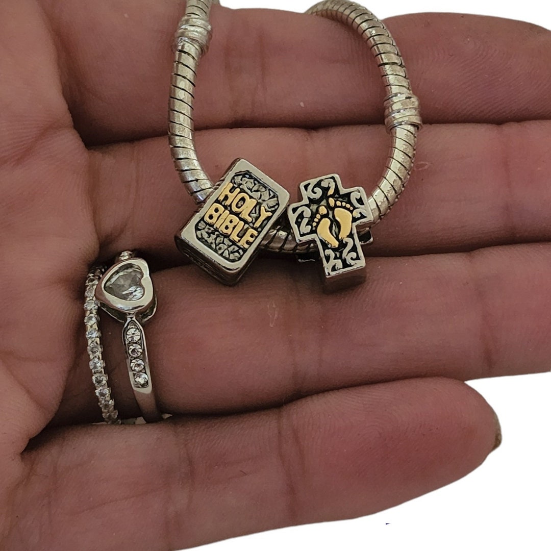 Religious Bible Charm, Footprints on Cross Charm Bead for Pandora Charm ...