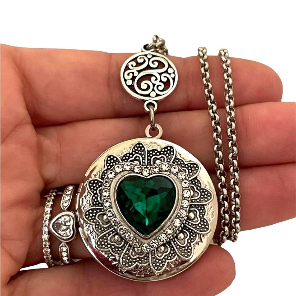 Luxury Emerald Heart Silver Vintage Photo Locket Necklace Personalized with Custom Picture or Message for Women