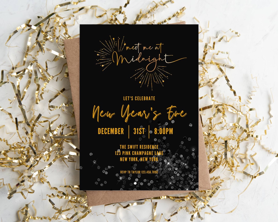 New Years Eve Party Invitation, Meet Me at Midnight Invite, Black Gold ...