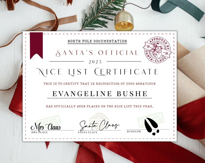 Editable Santa Claus Official Nice List Certificate Letter From Desk ...