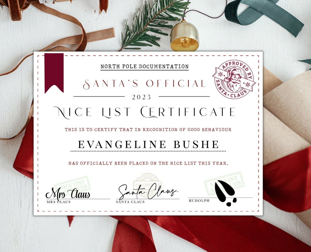 Editable Santa Claus Official Nice List Certificate Letter From Desk ...